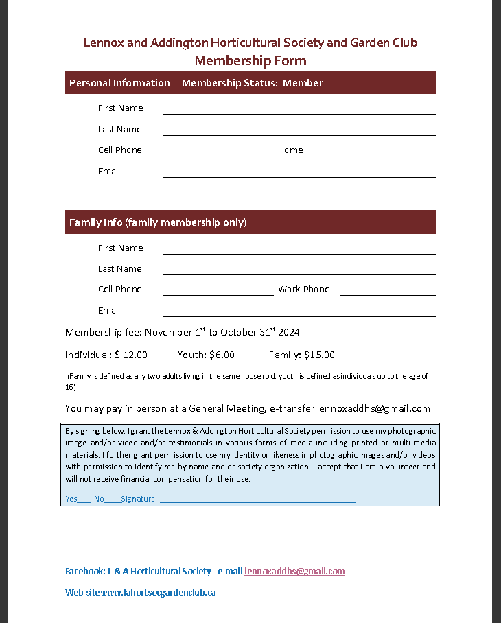 Membership Form – Lennox & Addington Horticultural Society and Garden Club